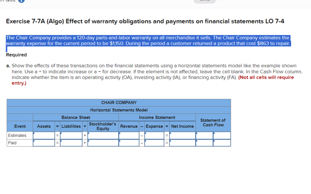 Solved Exercise 7-7A (Algo) Effect of warranty obligations | Chegg.com