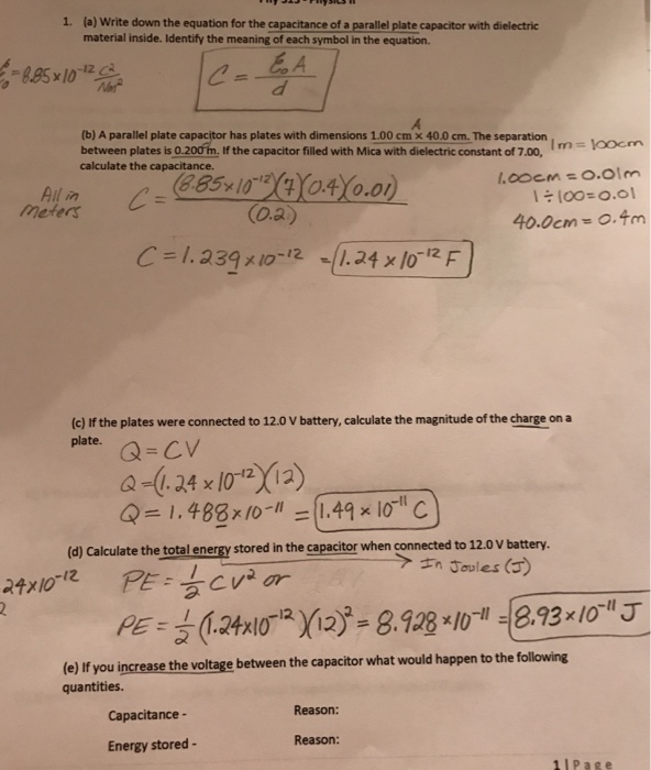 Solved Write down the equation for the capacitance of a | Chegg.com
