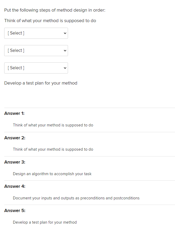 Solved Put the following steps of method design in order: | Chegg.com