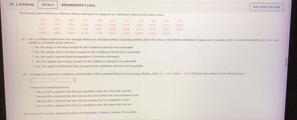 Solved 10. [-/4 Points) DETAILS DEVORESTAT9 7.2.012. ASK | Chegg.com