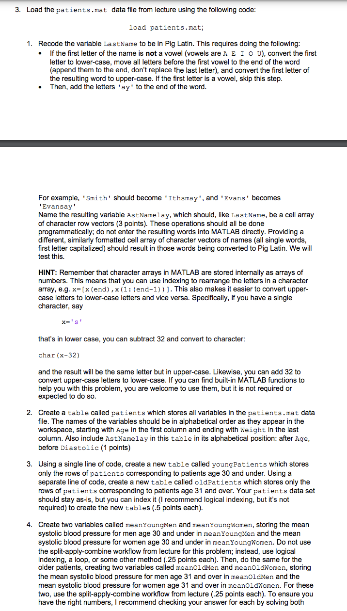 Solved 3. Load the patients.mat data file from lecture using | Chegg.com