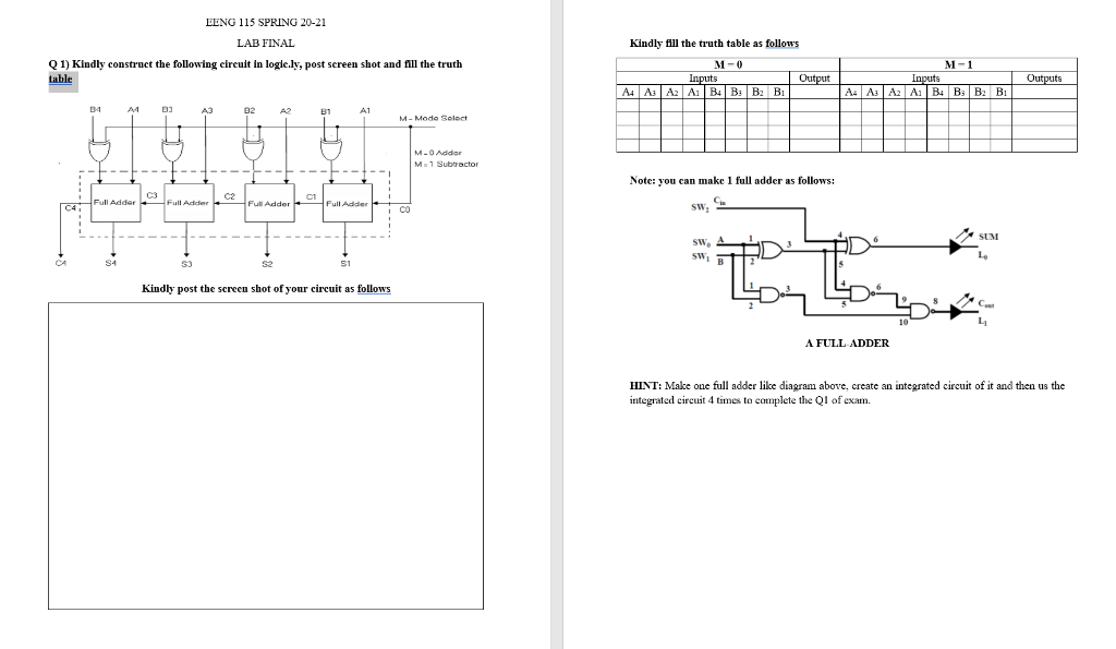 Solved EENG 115 SPRING 20-21 LAB FINAL Q1) Kindly construct | Chegg.com