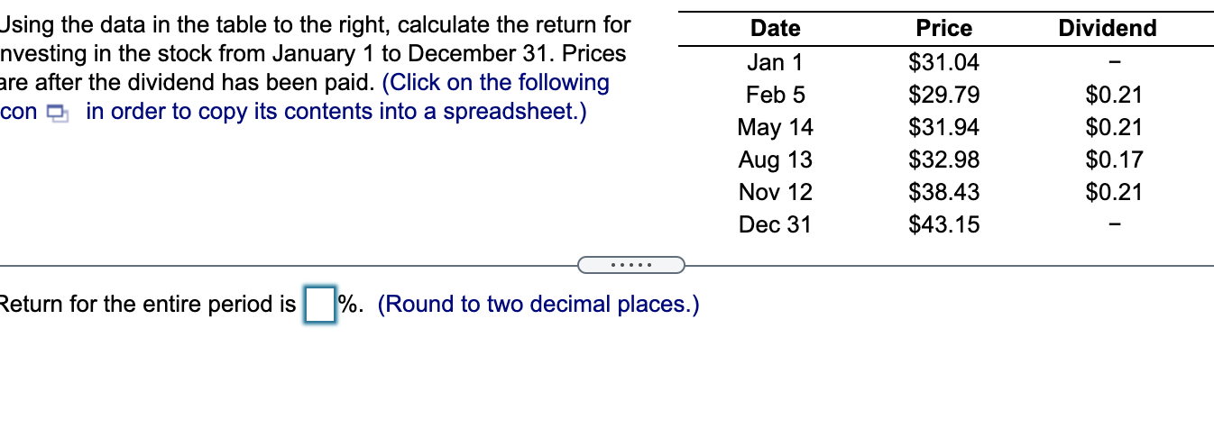 Solved Date Dividend Jsing the data in the table to the | Chegg.com