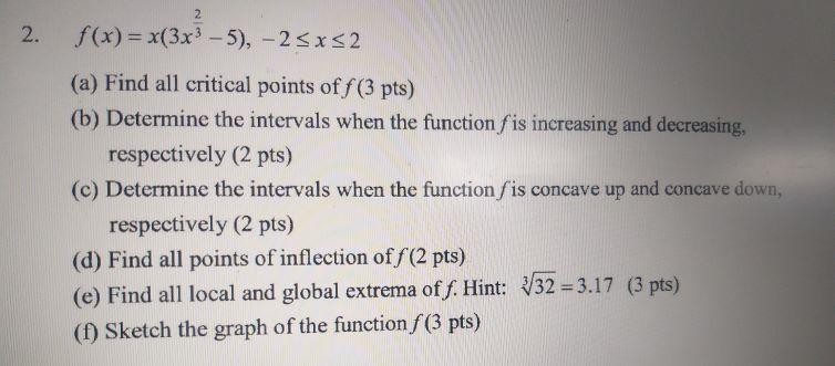 Solved 2 2. f(x) = x(3x3 - 5), -2 5x52 (a) Find all critical | Chegg.com