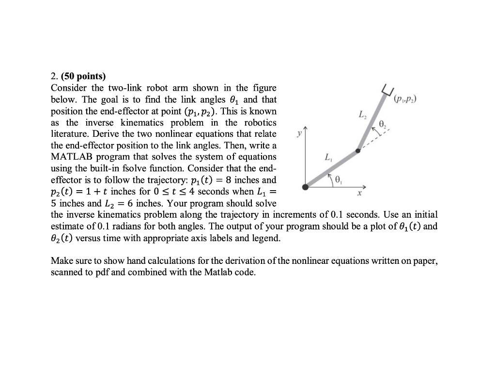 2. (50 points) Consider the two-link robot arm shown | Chegg.com