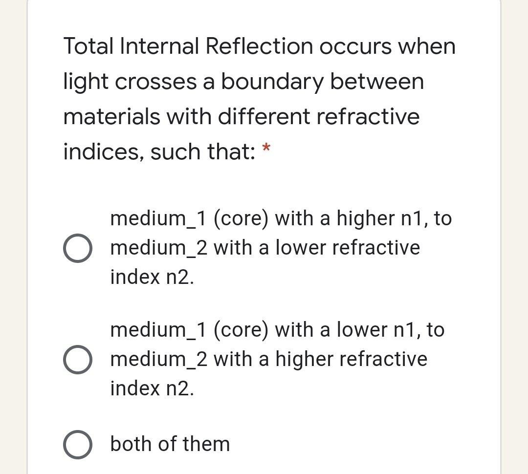 Solved Total Internal Reflection occurs when light crosses a | Chegg.com