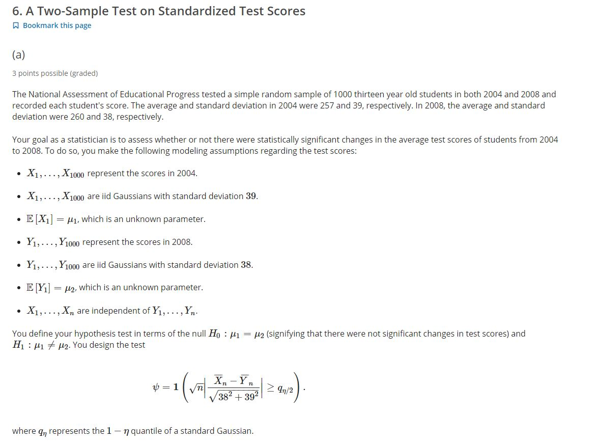 Solved 6. A Two-Sample Test on Standardized Test Scores | Chegg.com