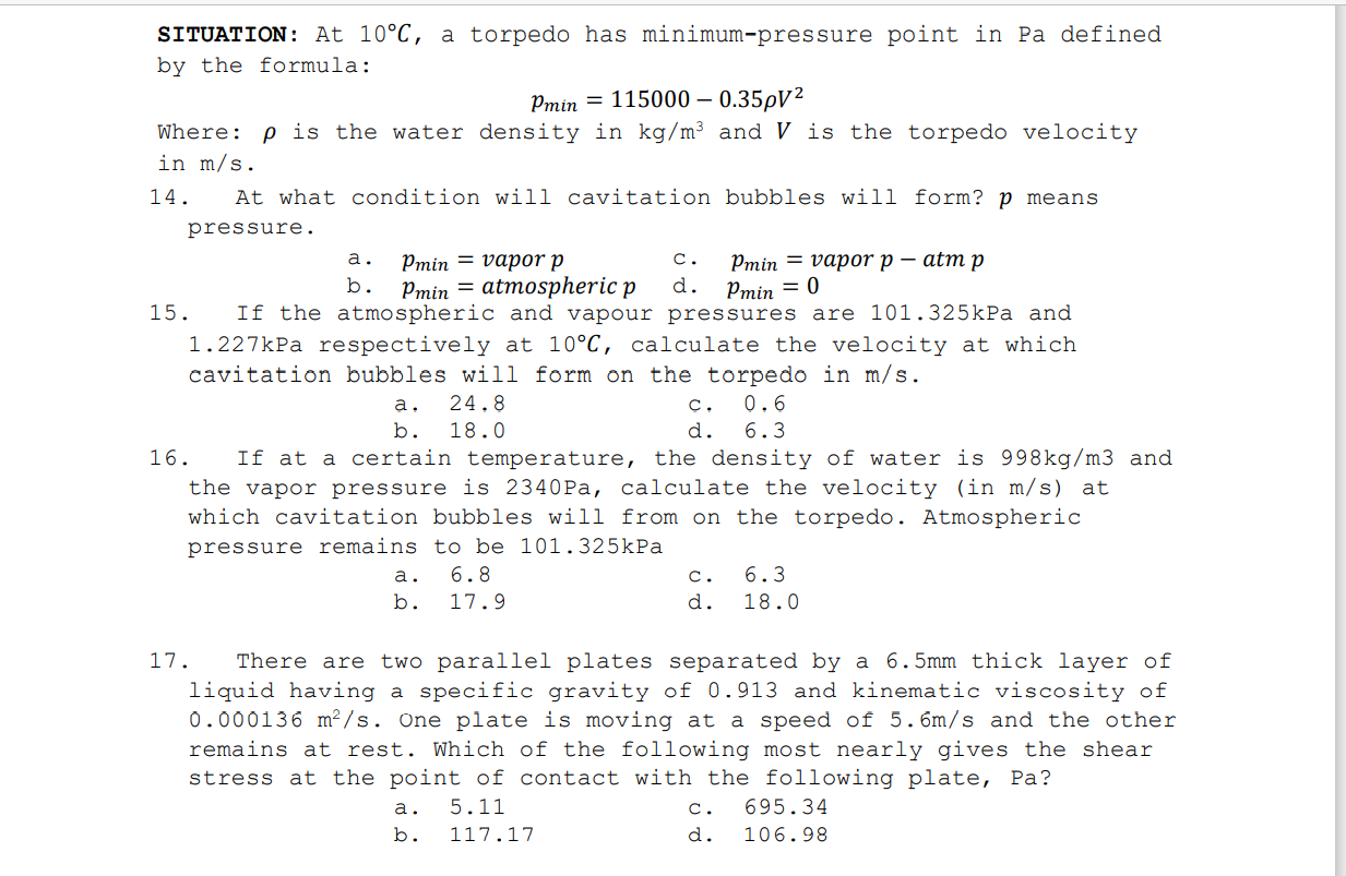 Solved a. C. Pmin = 0 SITUATION: At 10°C, a torpedo has | Chegg.com