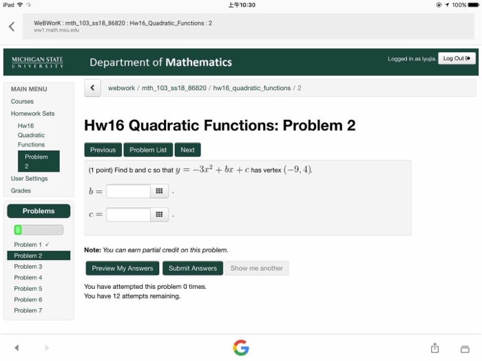 Solved iPad 上午10:30 @ィ100%-. WeBWork mth 103 ss18.86820: | Chegg.com