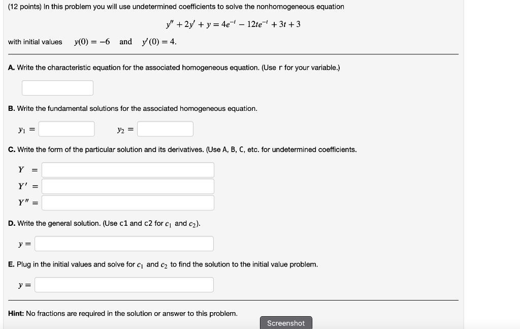 Solved Y′′ 2y′ Y 4e−t−12te−t 3t 3 With Initial Values