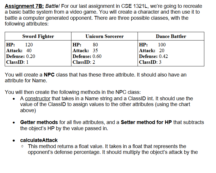 Solved Assignment 7b Battle For Our Last Assignment In Cse 1713