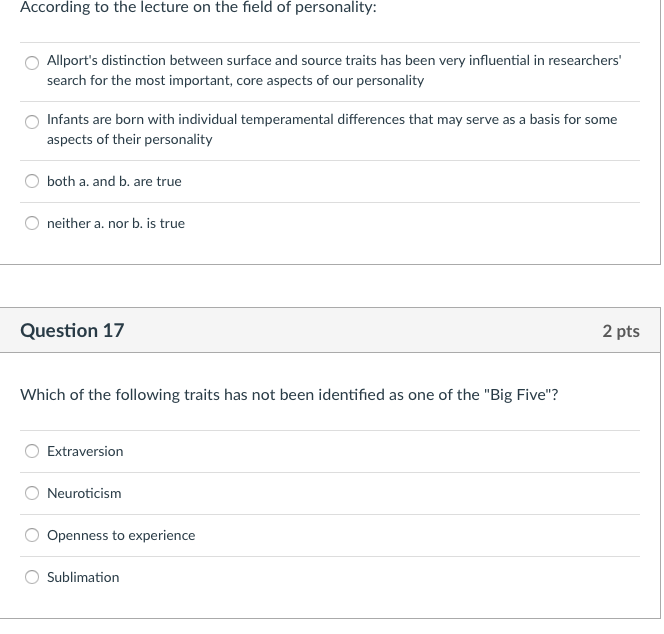 Solved According to the lecture on the field of personality: | Chegg.com
