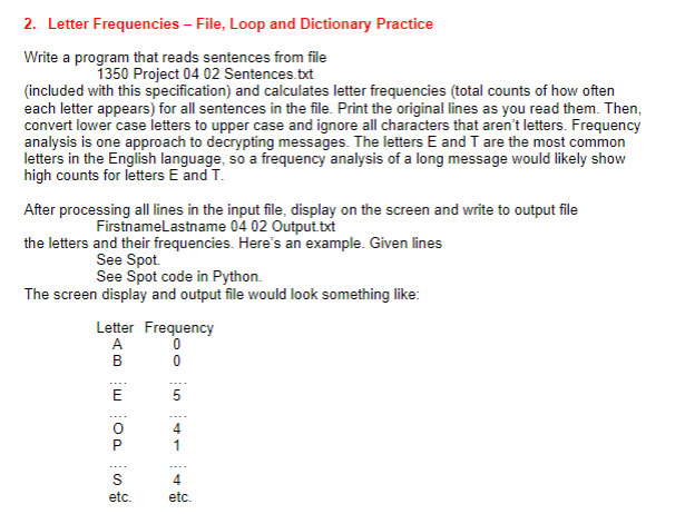 Solved 2. Letter Frequencies - File, Loop and Dictionary | Chegg.com