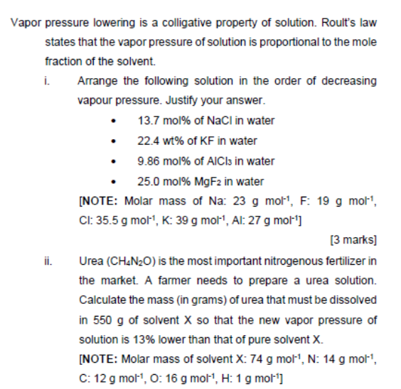 Solved . Vapor pressure lowering is a colligative property | Chegg.com