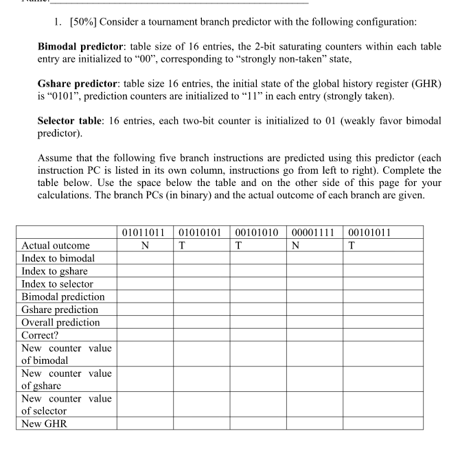 Solved 1. [50%] Consider a tournament branch predictor with | Chegg.com