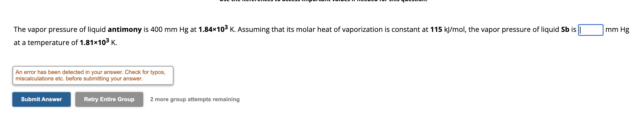 Solved The vapor pressure of liquid antimony is 400 mmHg at | Chegg.com