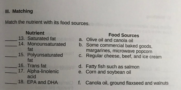 Solved IIl. Matching Match the nutrient with its food | Chegg.com