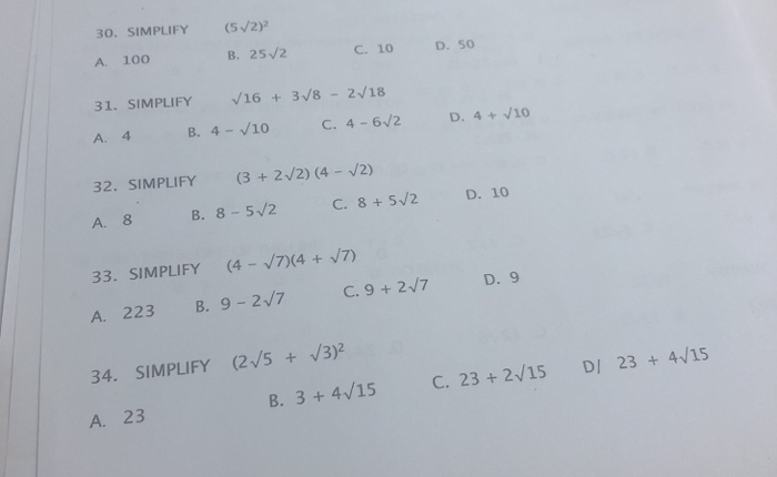Solved 30. SIMPLIFY (5/2) A. 100 B. 252 C. 10 D. 50 31. | Chegg.com