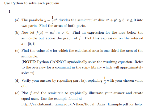 Use Python to solve each problem. (a) The parabola y | Chegg.com