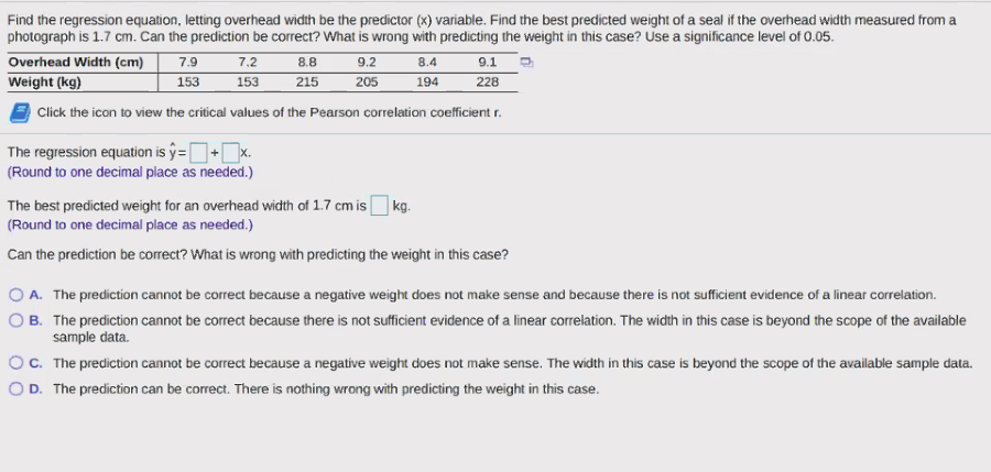 Solved Find the regression equation, letting overhead width | Chegg.com