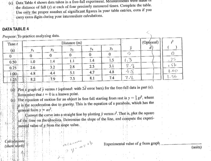 Solved (c) ﻿Data Table 4 ﻿shows data taken in a free-fall | Chegg.com
