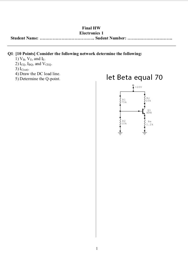 Solved Final HW Electronics 1 Sudent Number: ..... Student | Chegg.com