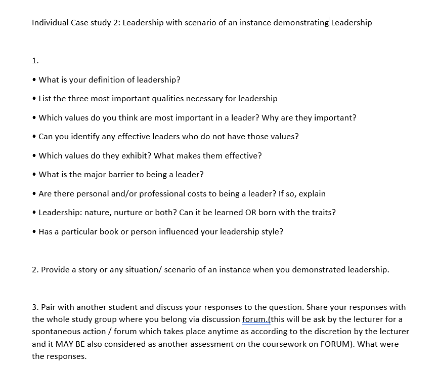 Solved Individual Case study 2: Leadership with scenario of | Chegg.com