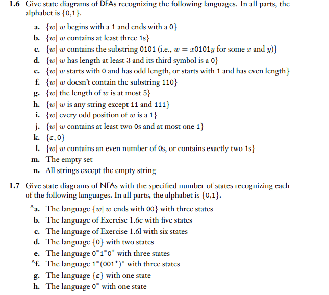 Solved 1.6 Give state diagrams of DFAs recognizing the | Chegg.com