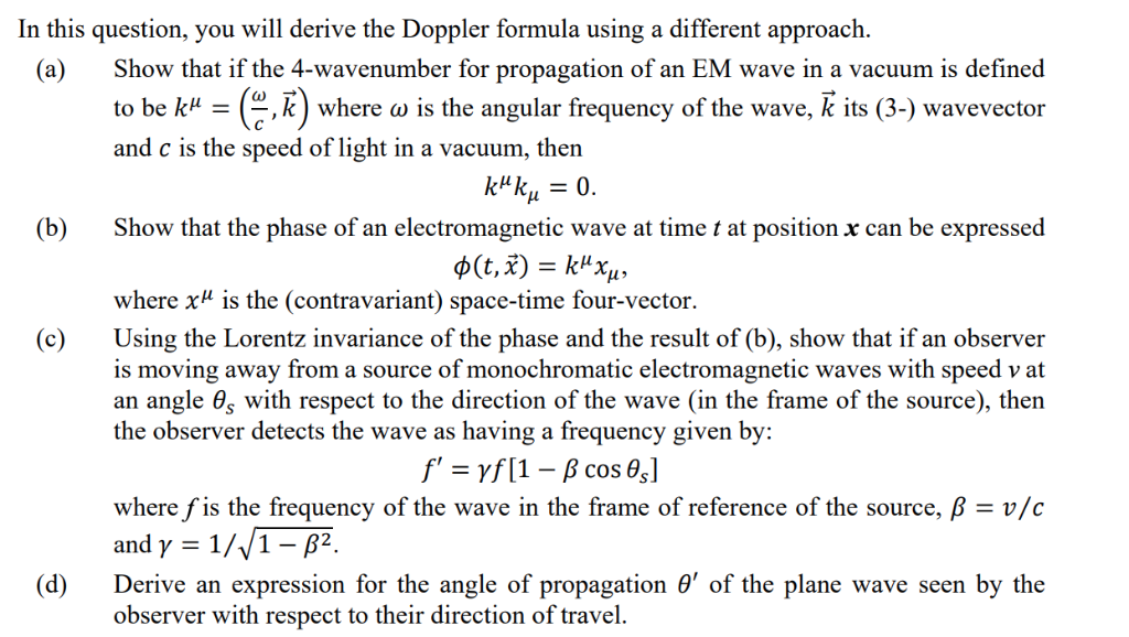 In this question, you will derive the Doppler formula | Chegg.com