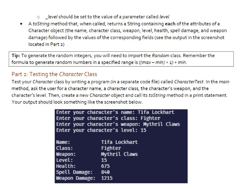 Solved Character -_name: String - _character Class : String | Chegg.com