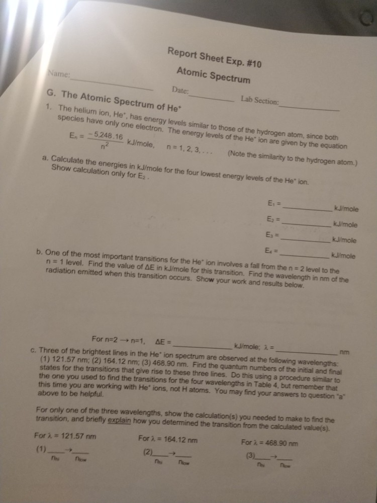 Solved Report Sheet Exp. #10 Atomic Spectrum Name: Date: Lab | Chegg.com