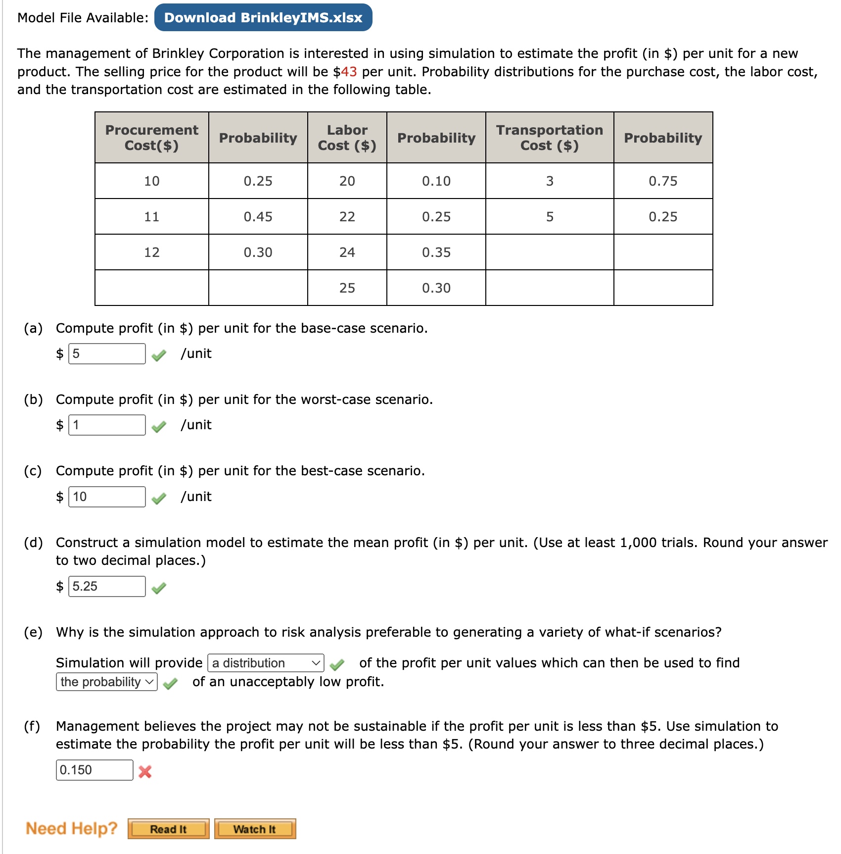 Solved $ $43 ﻿per unit. Probability distributions for the | Chegg.com