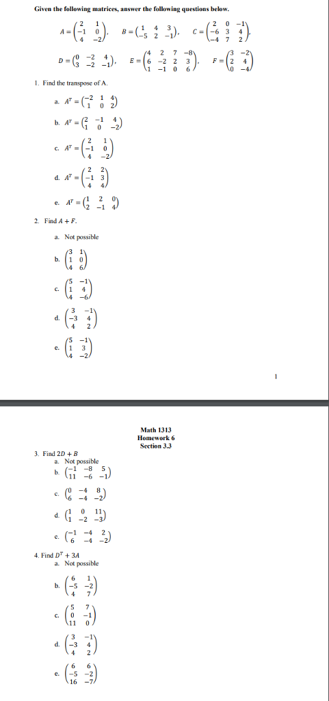 Solved Given the following matrices, answer the following | Chegg.com