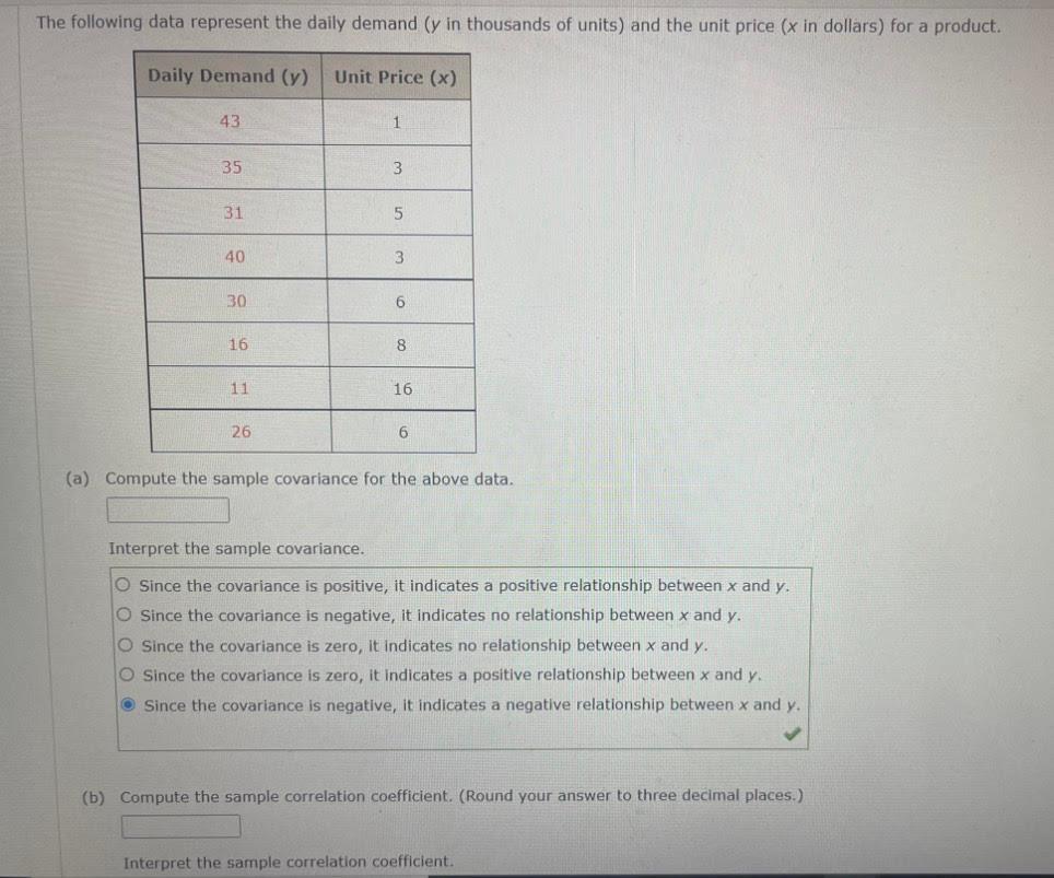 Solved (a) Compute the sample covariance for the above data. | Chegg.com