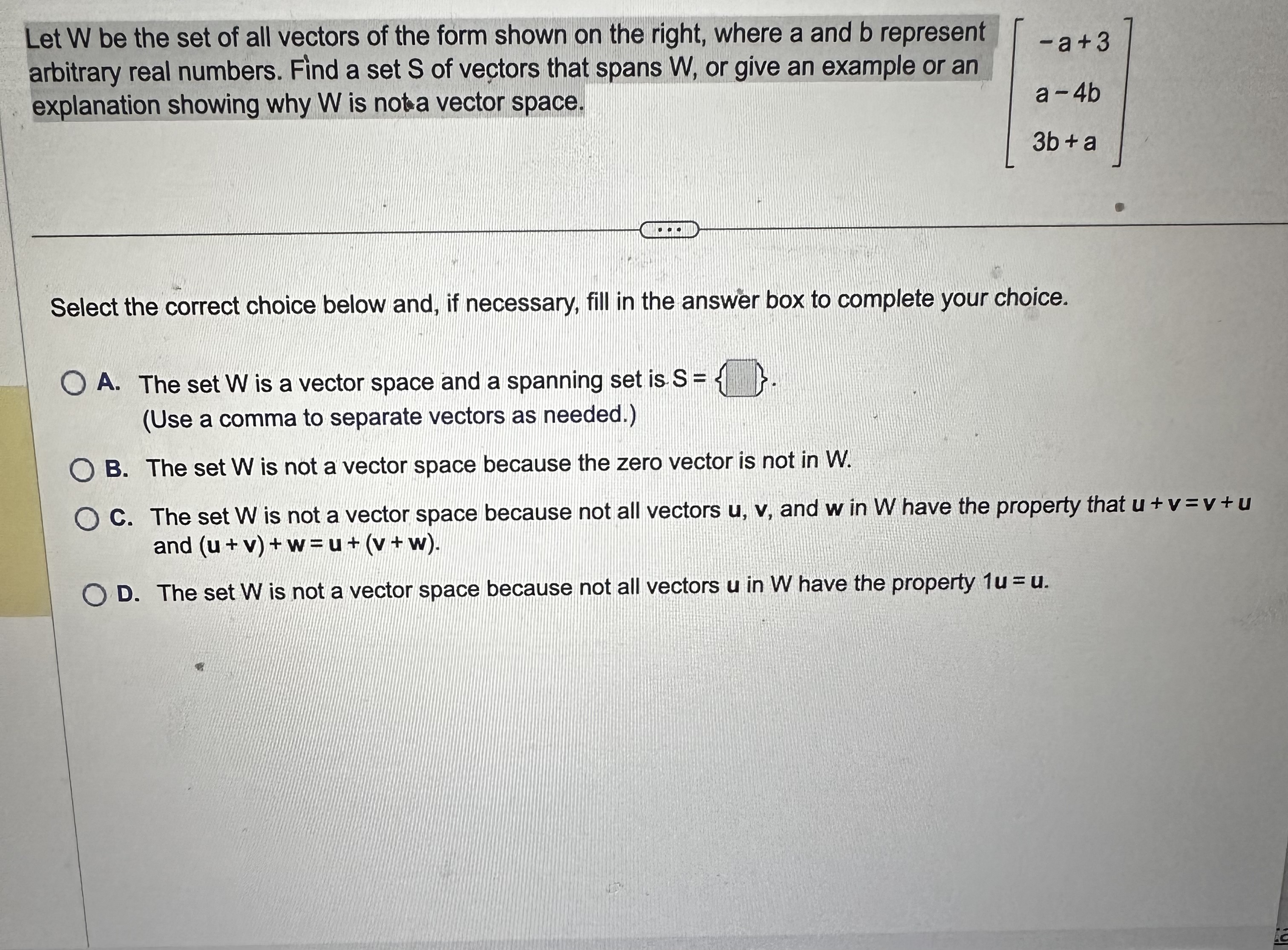 Solved Let W ﻿be the set of all vectors of the form shown on | Chegg.com