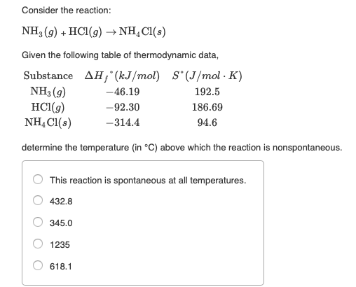 Solved Consider the reaction NH, (g) + HCl (g) → NH, Cl(s) | Chegg.com