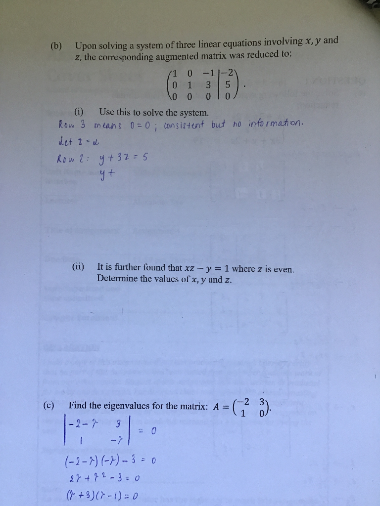 Solved (b) Upon solving a system of three linear equations | Chegg.com