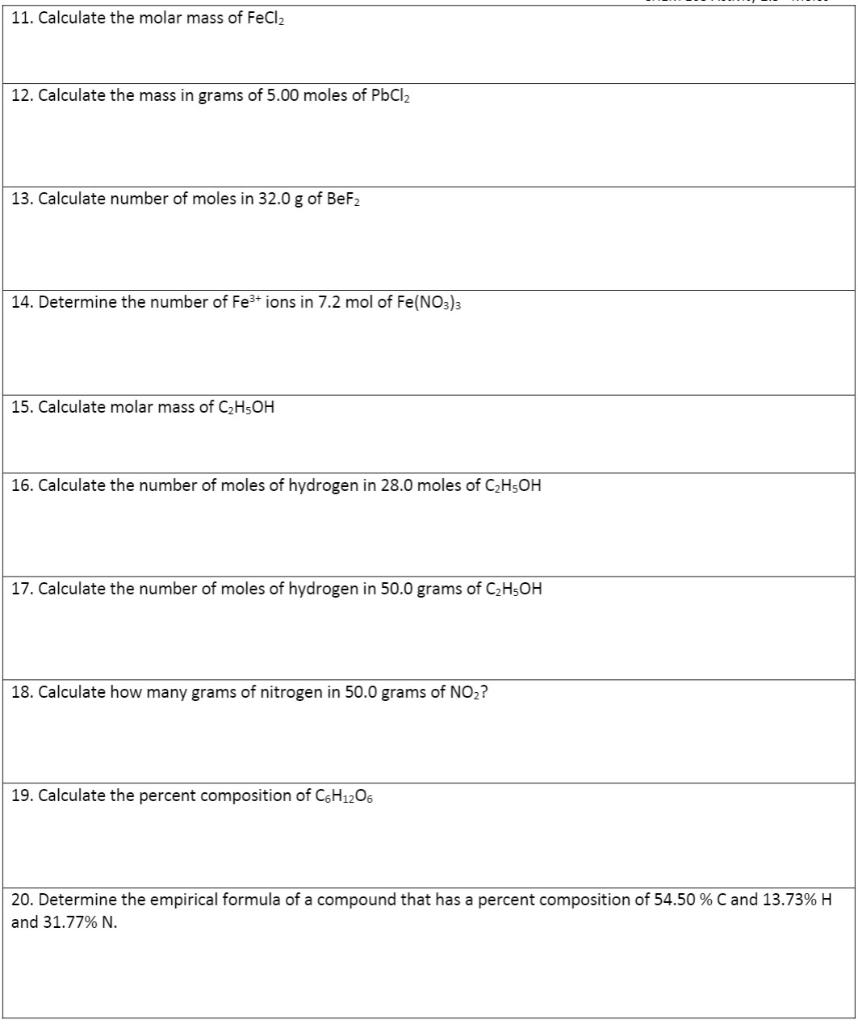 Solved 11. Calculate the molar mass of FeCl2 12. Calculate | Chegg.com