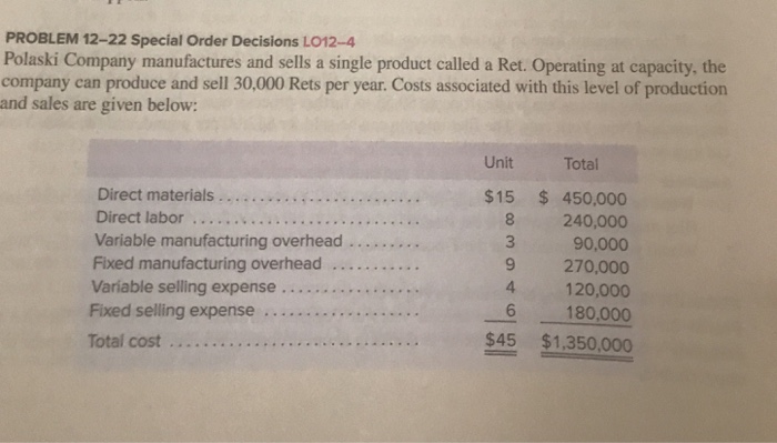 Solved PROBLEM 12-22 Special Order Decisions L012-4 Polaski | Chegg.com