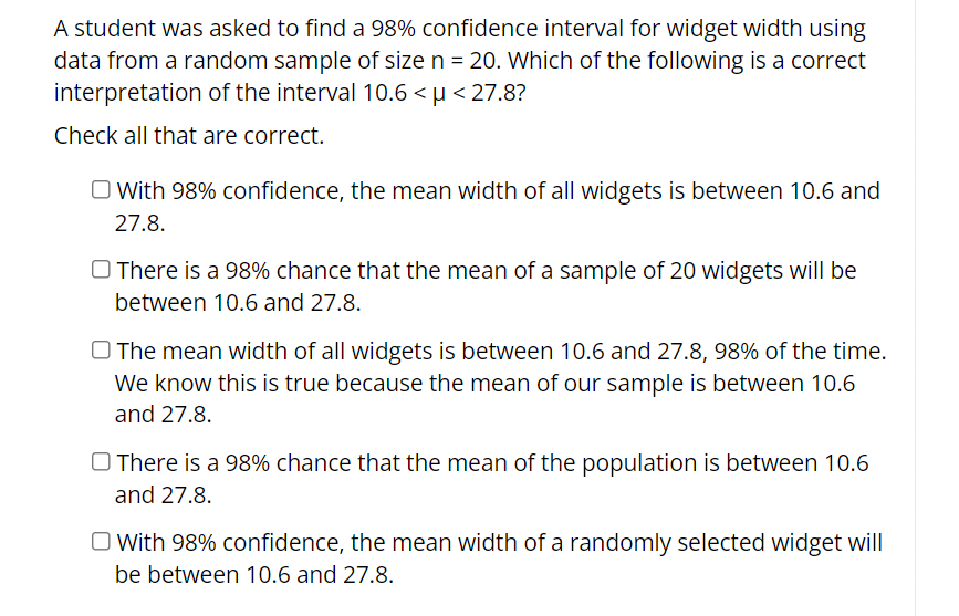 Solved A student was asked to find a 98% confidence interval | Chegg.com