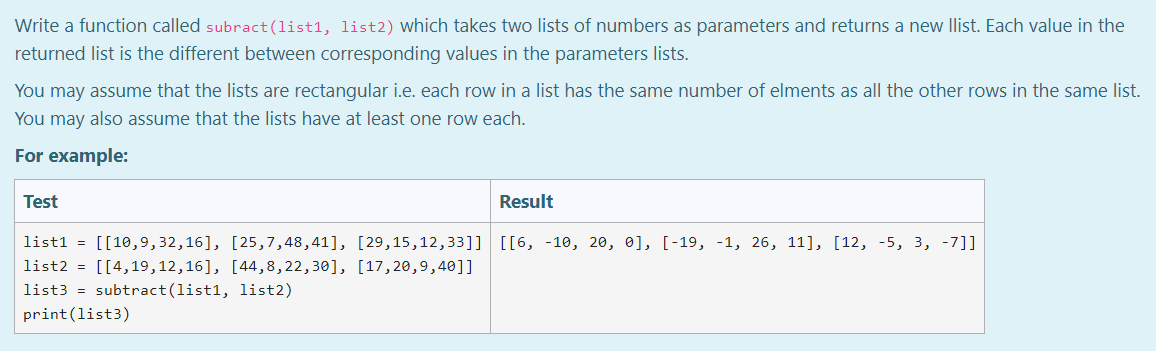 Solved Write A Function Called Subractlisti List2 Which 1219