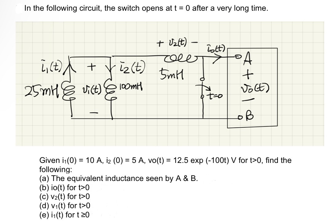 Solved In the following circuit, the switch opens at t=0 | Chegg.com