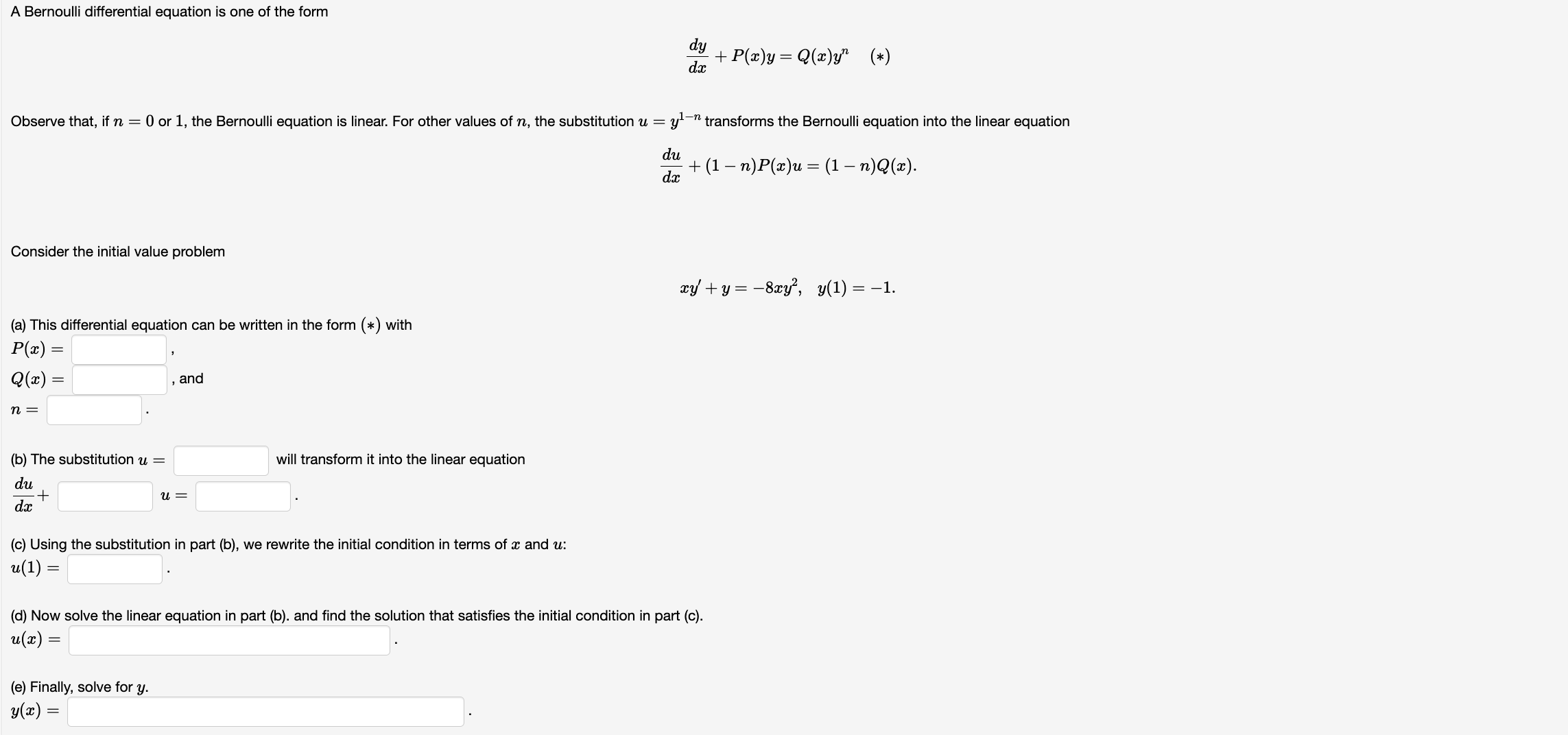 Solved A Bernoulli differential equation is one of the form | Chegg.com