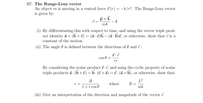 Solved The Runge-Lenz vector An object m is moving in a | Chegg.com