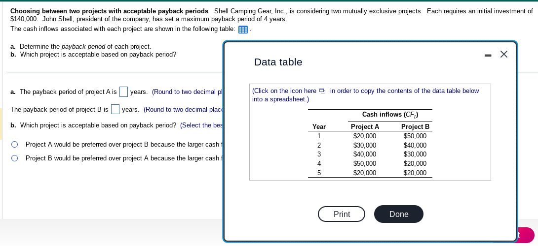 Solved Choosing between two projects with acceptable payback | Chegg.com
