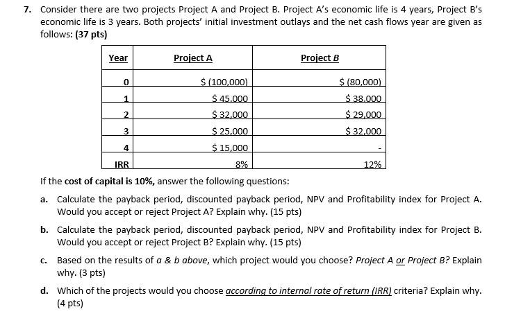 Solved 7. Consider there are two projects Project A and | Chegg.com