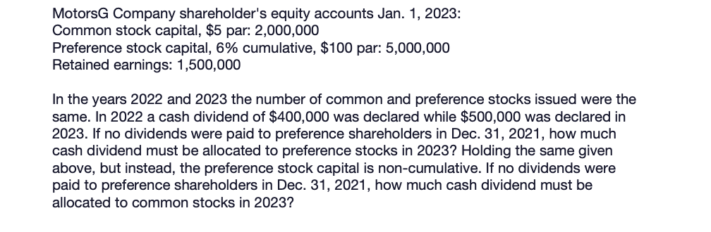Solved Motors Company shareholder's equity accounts Jan. 1, | Chegg.com