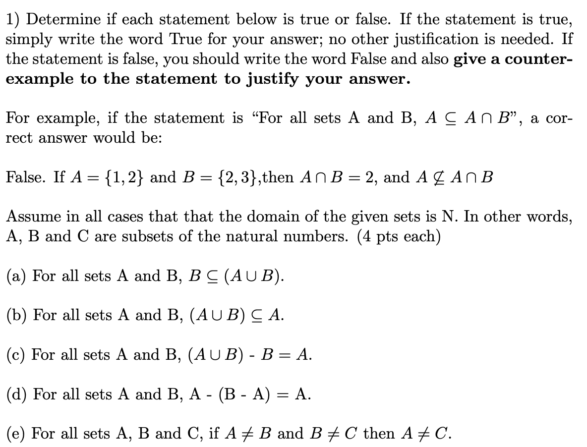 Solved 1) Determine if each statement below is true or | Chegg.com