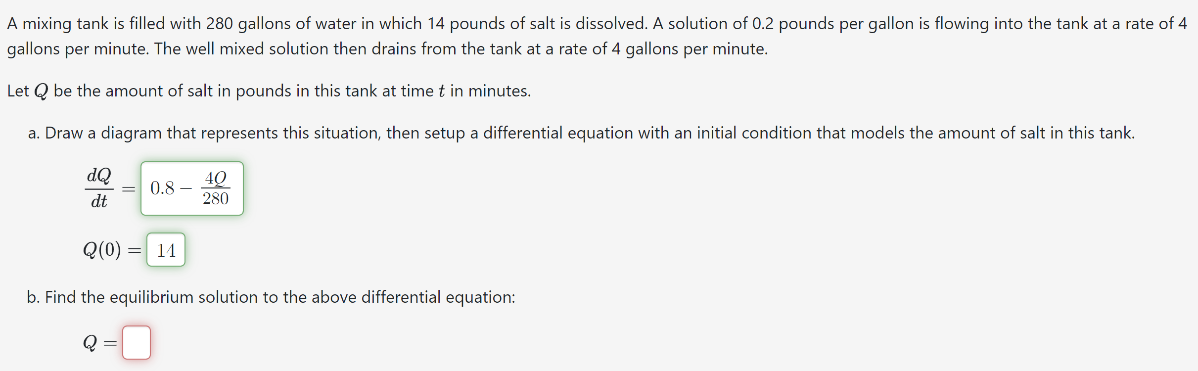 Solved A mixing tank is filled with 280 gallons of water in | Chegg.com