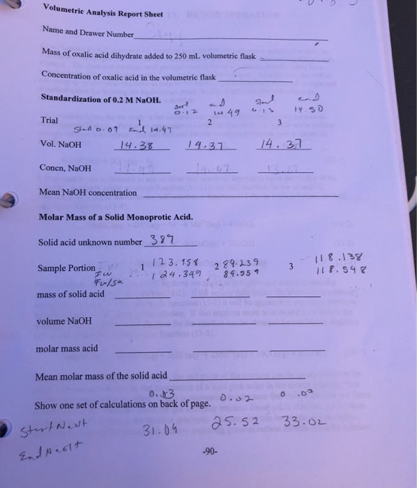 Volumetric Analysis Report Sheet Name and Drawer | Chegg.com